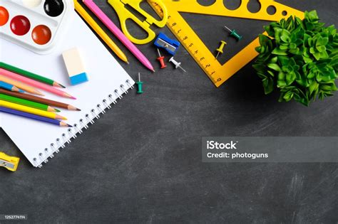 블랙 보드 배경에 플랫 평구 학교 문구 및 녹색 사무실 공장 위쪽 보기 오버헤드 학교 개념으로 돌아갑니다 0명에 대한 스톡 사진 및 기타 이미지 Istock