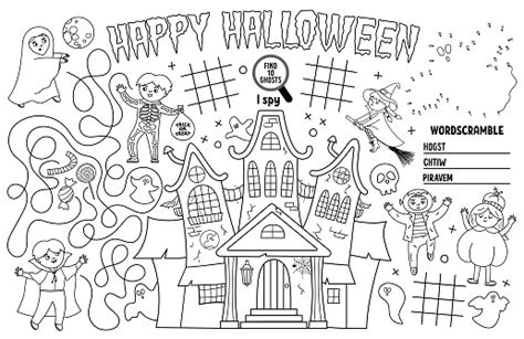 아이들을위한 벡터 할로윈 장소 매트 미로 틱 택 토 차트가있는 가을 휴일 인쇄 가능한 활동 매트는 점을 연결하고 차이를 찾습니다 흑백 가을 플레이 매트 또는 색칠 페이지