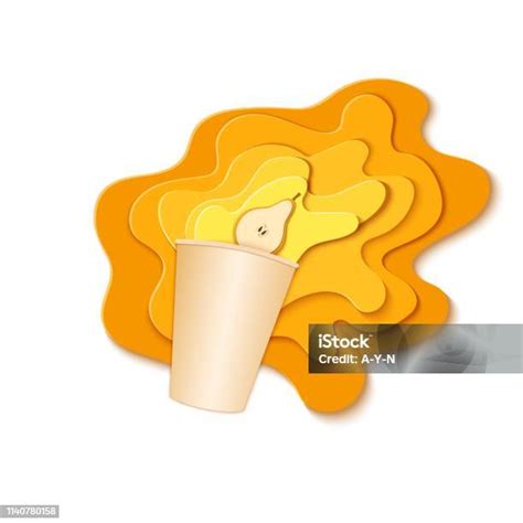 스플래시 붓는 주스와 종이 컵 층에 있는 배 주스의 버스트 흰색 배경과 종이 스타일의 육즙 과일의 조각에 확산 벡터 일러스트