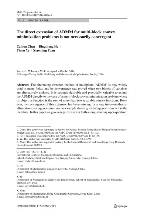 Pdf The Direct Extension Of Admm For Multi Block Convex Minimization