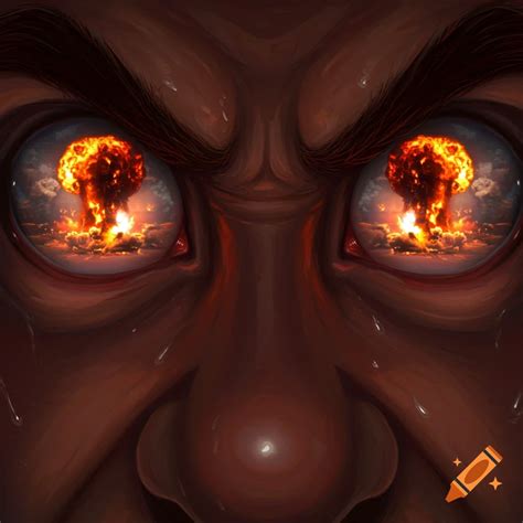 Extreme Close Up Of A Stylized Angry Face With Mushroom Cloud