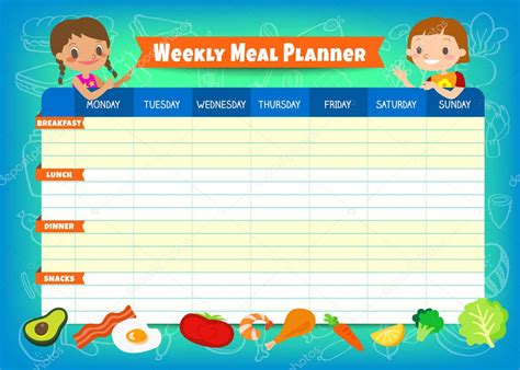 Planificador De Comidas Semanal Con Niños Lindos Personajes De Dibujos