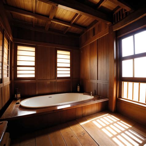방에 나무 벽과 바닥이 있는 욕조가 있습니다 Seaart Ai