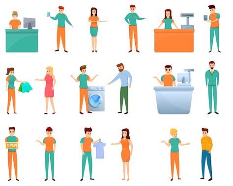 Premium Vector Shop Assistant Icons Set Cartoon Style