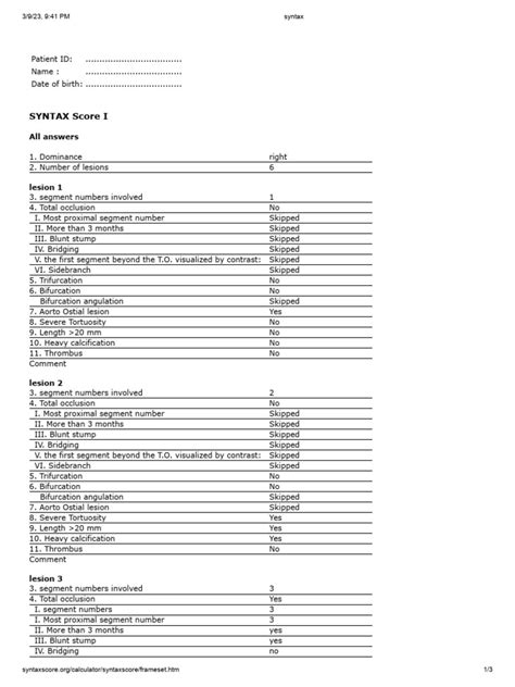 Syntax Score Calculator Susanoo Pdf Clinical Medicine Medical Specialties
