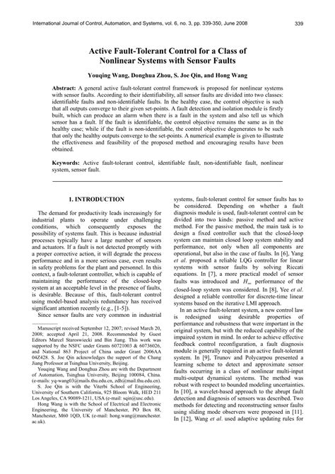 Pdf Active Fault Tolerant Control For A Class Of Nonlinear Systems