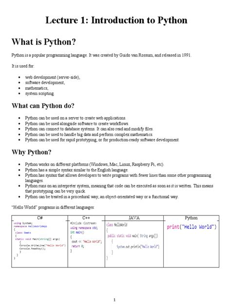 Lecture 1 Introduction To Python Pdf Python Programming Language