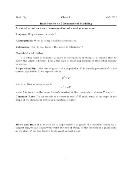 Introduction To Mathematical Modeling Worksheet For Higher Ed Lesson