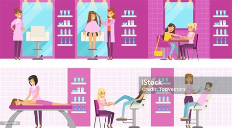 전문 미용사와 헤어 및 스킨 케어 트리트먼트및 미용 절차를 즐기는 뷰티 살롱의 여성 거실에 대한 스톡 벡터 아트 및 기타 이미지 거실 마사지 마사지 도구 Istock