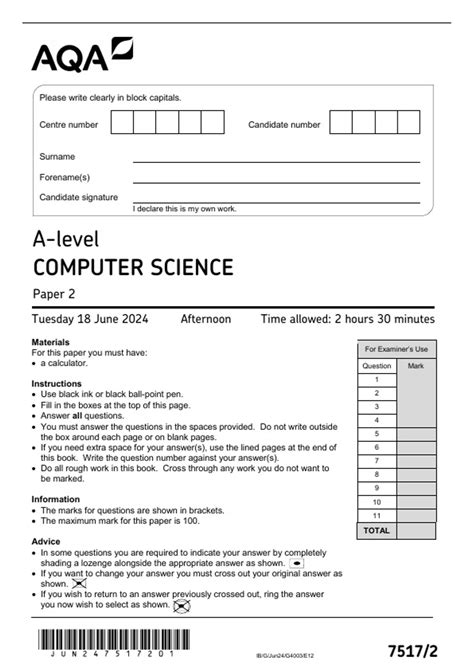Aqa A Level Computer Science Paper 2 Question Paper June 2024 7517 2