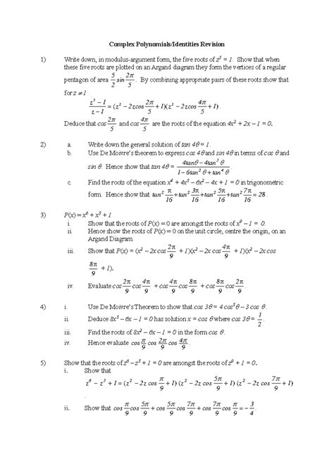 Complex Polynomials And Identities Revision Complex Polynomials Identities Revision Write Down