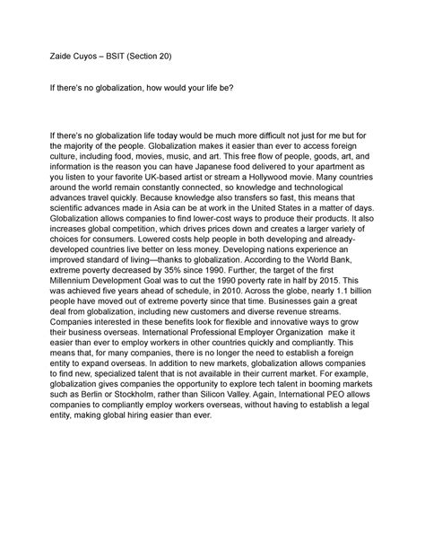 Without Globalization Zaide Cuyos Bsit Section 20 If Theres No