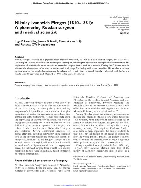 Pdf Nikolay Ivanovich Pirogov 1810 1881 A Pioneering Russian Surgeon And Medical Scientist