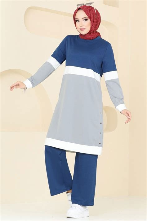 Ribana Detayl Pantolonlu Tak M Dvl Ndigo Gri Moda Selvim