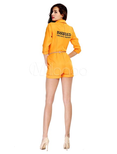 Sexy Prisoner Costume Yellow Long Sleeve Jumpsuit With Handcuffs Women
