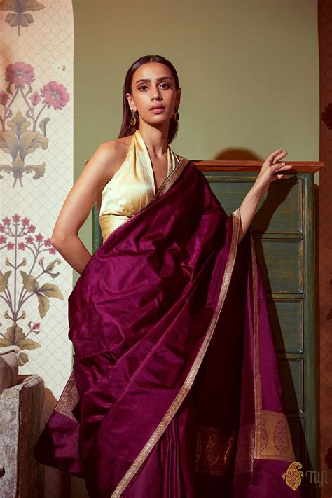 Kamakshi Deep Cherry Purple Pure Soft Satin Silk Banarasi Handloom S