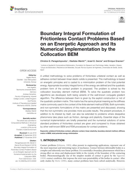 Pdf Boundary Integral Formulation Of Frictionless Contact Problems Based On An Energetic