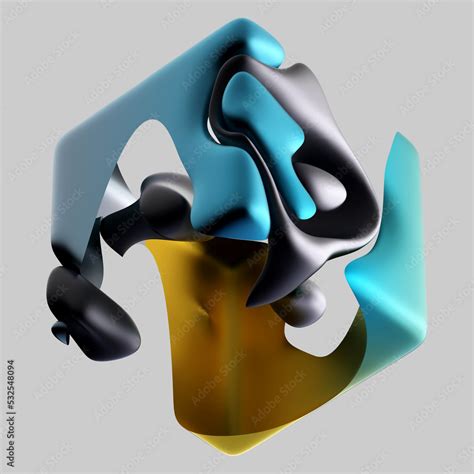 3d render of abstract art with surreal cube box or square shape object in curve wavy liquid