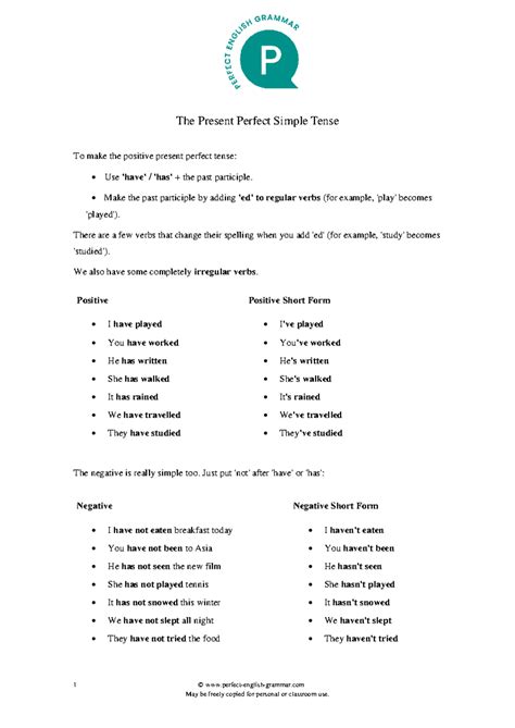 Present Perfect Present Perfect Form Cheat Sheets 1 © Perfect