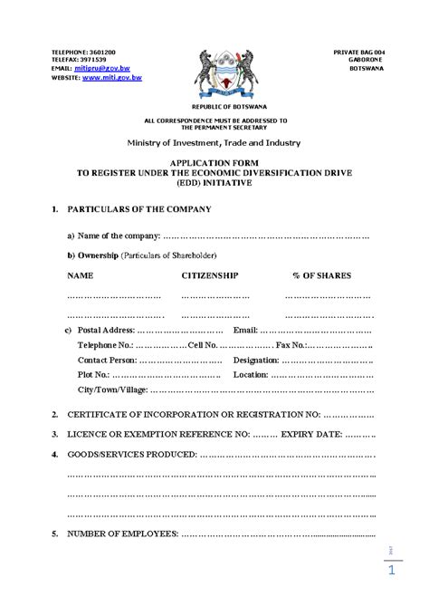 Application Form 1 2017 Telephone 3601200 Private Bag 004 Telefax