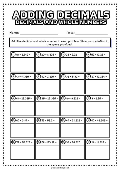 Free Adding Decimals Worksheets Teach Prints