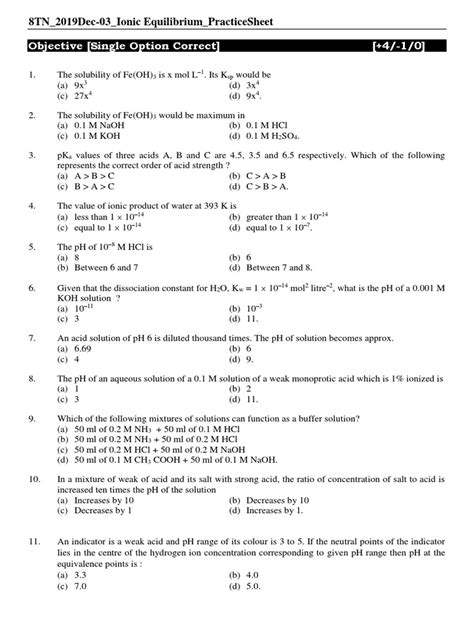 Ionic Equilibrium Practice Sheet Solubility Products Ph Calculations And Buffer Solutions