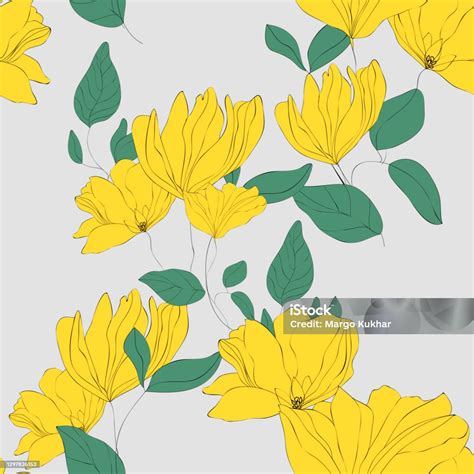 꽃 꽃 원활한 패턴을 꽃 피는 식물 모티프는 무작위로 흩어져 있습니다 회색 배경에 잎이 있는 노란 꽃을 손으로 그린 패션 직물 벽지 인쇄를위한 색상 벡터 텍스처 꽃 식물에