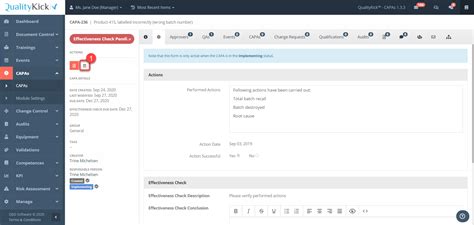 CAPA Effectiveness Check Pending Status Scilife
