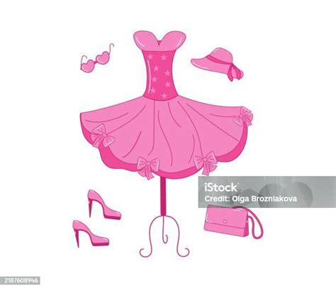 핑크 패션 홀리데이 컬렉션 옷걸이 마네킹 신발 가방 모자 선글라스에 볼 가운 공주를 위한 인형 액세서리와 옷 세트 벡터 일러스트