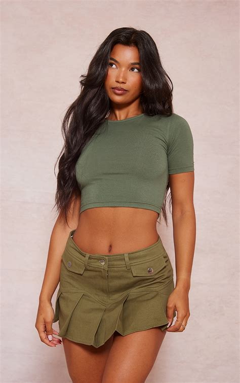 Khaki Twill Low Rise Pleated Micro Mini Skirt Prettylittlething