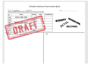 Binary Octal Hexadecimal And Decimal Conversion Quiz With KEY Editable
