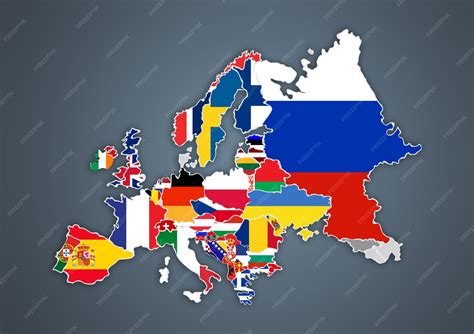 Mapa Europy Z Granicami Państwowymi Z Flagami Państw Na Szarym Tle