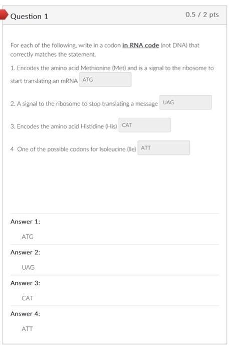Solved For Each Of The Following Write In A Codon In RNA Chegg Com