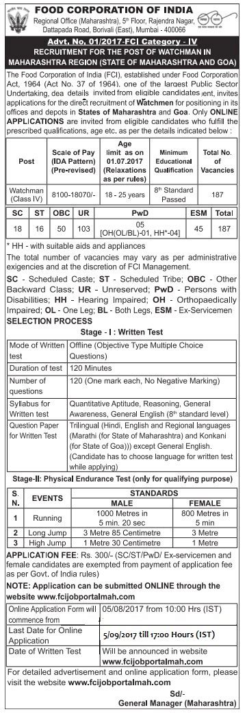 Fci Watchman Recruitment Notification 2017 Apply Online For 187
