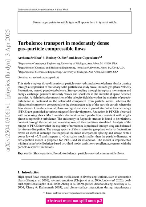 Pdf Turbulence Transport In Moderately Dense Gas Particle Compressible Flows