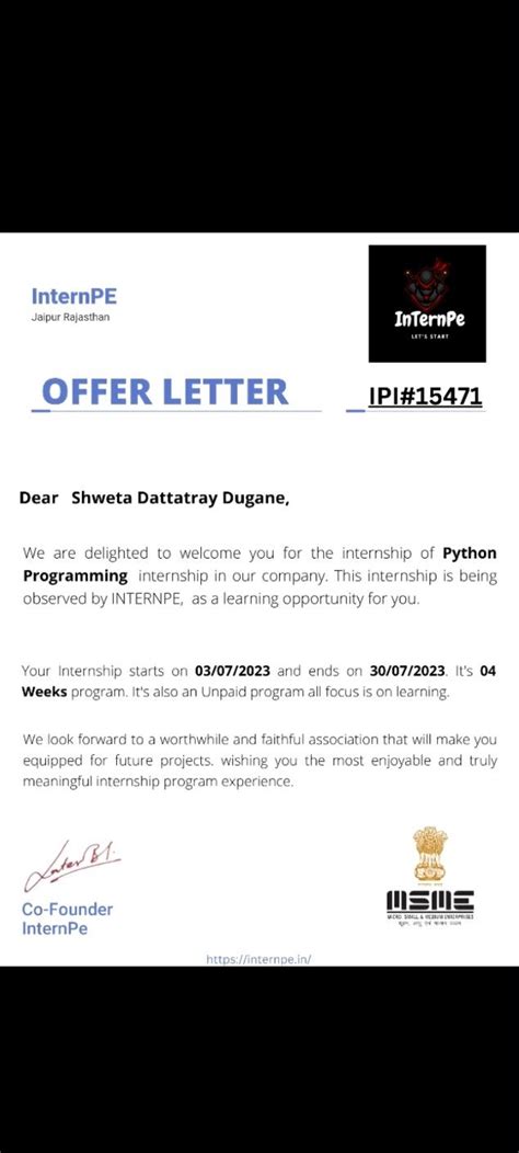 Shweta Dugane On Linkedin Internship Python Opportunity Intern
