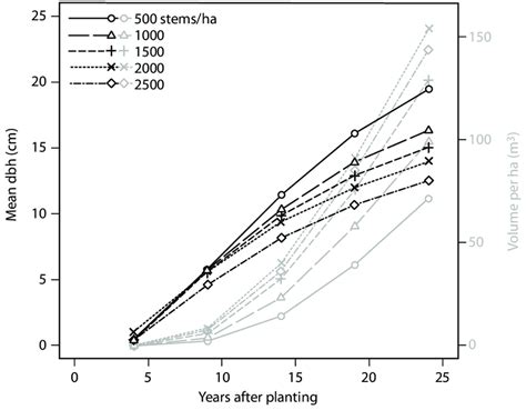 Mean Dbh Black And Volume Per Hectare Grey Over Time For