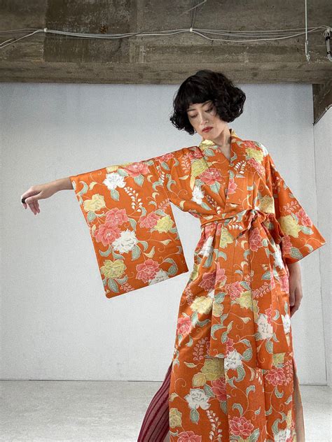 Kimono Dress Gown And String Belt Upcycled From Japanese Kimono Komon