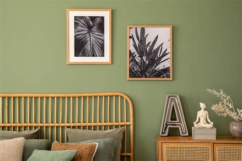 현대적인 침실 인테리어의 세련된 구성 포스터 프레임 등나무 Commode 침대 및 창조적 인 개인 액세서리를 모의하십시오