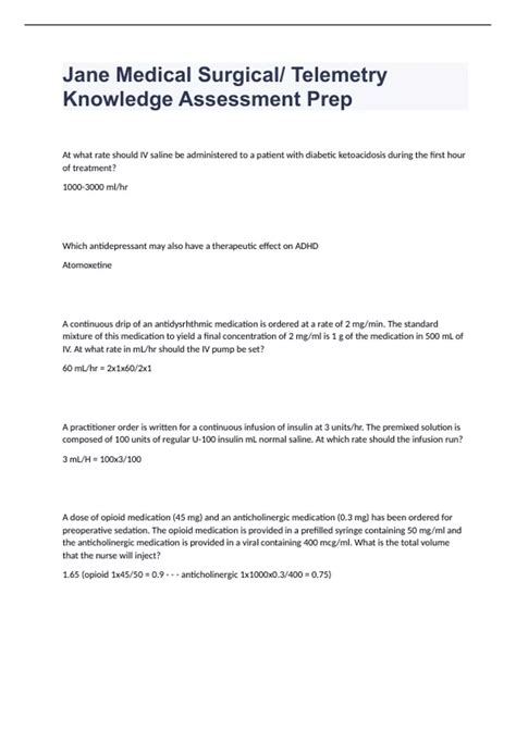 Jane Medical Surgical Telemetry Knowledge Assessment Prep Question And