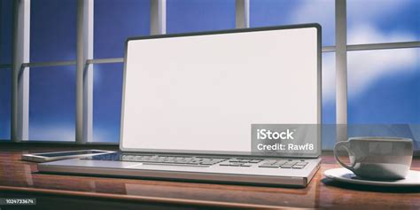 나무 책상에 백색 스크린 노트북입니다 흐린된 하늘 배경입니다 3 차원 일러스트 레이 션 3차원 형태에 대한 스톡 사진 및 기타