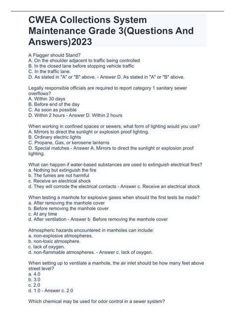 CWEA Collections System Maintenance Grade 3 Questions And Answers 2023 Cwea Stuvia US