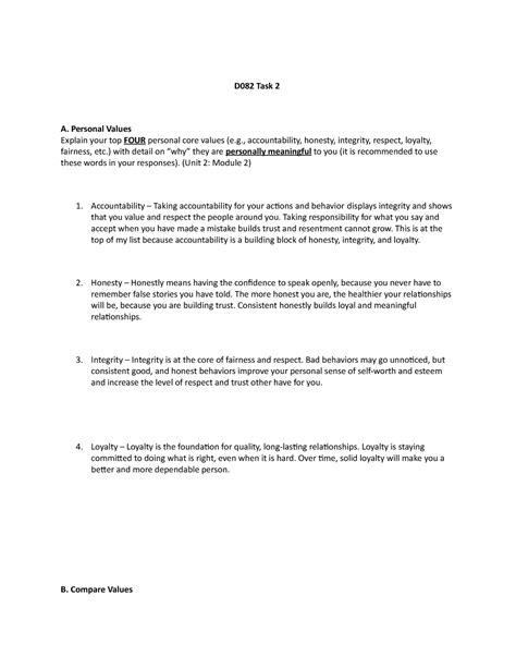 Task 2 Completed D082 Task 2 Passed D082 Task 2 A Personal Values