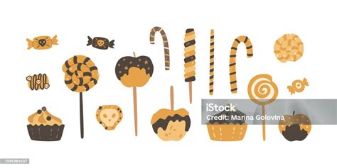 할로윈 과자 컵케이크 캐러멜 유약을 곁들인 사과 눈이나 두개골이 있는 사탕 롤리팝 초콜릿 칩 쿠키 10월에 대한 스톡 벡터 아트 및 기타 이미지 Istock