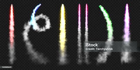 현실적인 다채로운 우주 로켓 트레일 축제 불꽃 놀이 시작 화재 폭발 폭발 미사일 또는 총알 흔적 제트 항공기 트랙 연기 구름 안개 증기 흐름 벡터 그림 Ship Launch