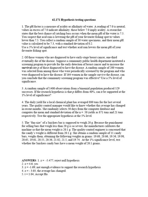 9 Hypothesis Testing 1sample Questions Pdf Ph Mean