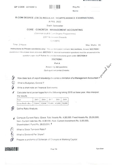 Solution Management Accounting Th Sem Question Paper Studypool