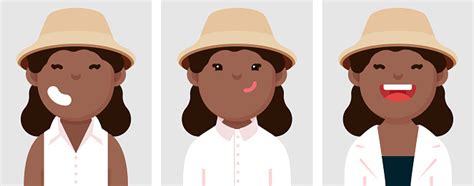 버킷 모자를 입고 행복 한 흑인 여자의 평면 초상화 세트 다양한 포즈와 의상 프로필 사진 벡터 일러스트 레이 션에 컬러 만화 캐릭터 우아한 여성의 컬렉션 T 셔츠에 대한