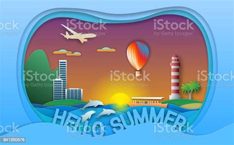안녕하세요 여름 벡터 일러스트 레이 션 종이에 컷 스타일 일몰 리조트 타운 보트 등 대 풍선 제도 돌고래 및 항공기 카드 디자인 여행 개념에 대한 스톡 벡터 아트 및 기타