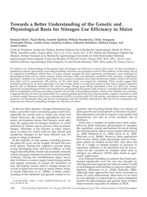 Pdf Towards A Better Understanding Of The Genetic And Physiological Basis For Nitrogen Use